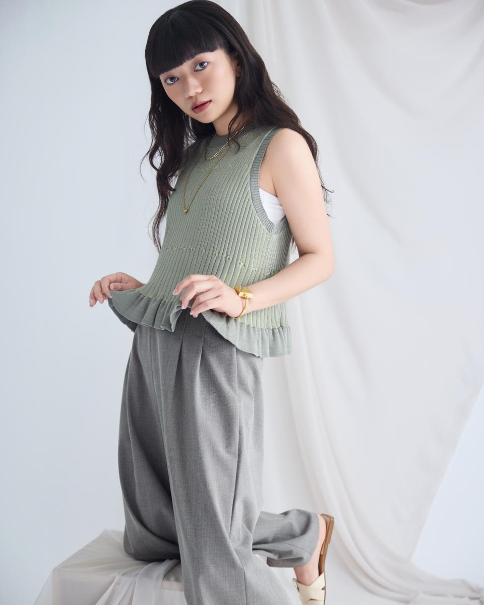 【147_ichi_yon_nana】プレーティングフリルニット｜お腹周りカバー・1枚で完成・首元すっきり・配色ポイント｜低身長さん必見・小柄女性向け