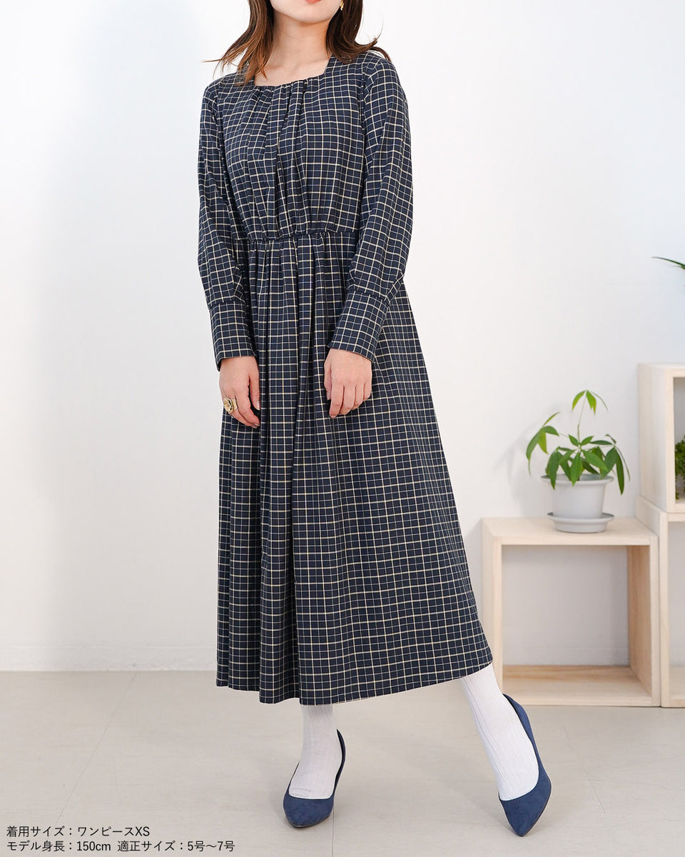 【147_ichi_yon_nana】チェックタックギャザーワンピース｜小柄女性向け
